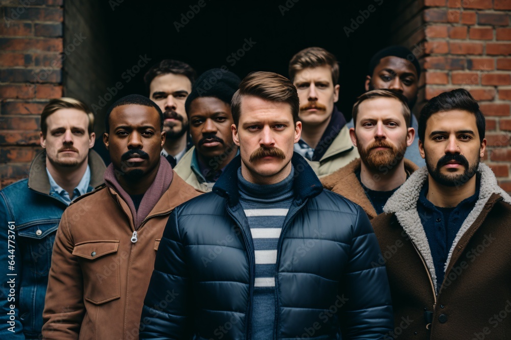 a diverse group of men, each sporting a unique mustache style, standing ...