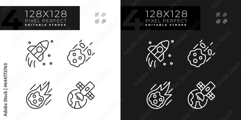 Cosmic exploration pixel perfect linear icons set for dark, light mode ...