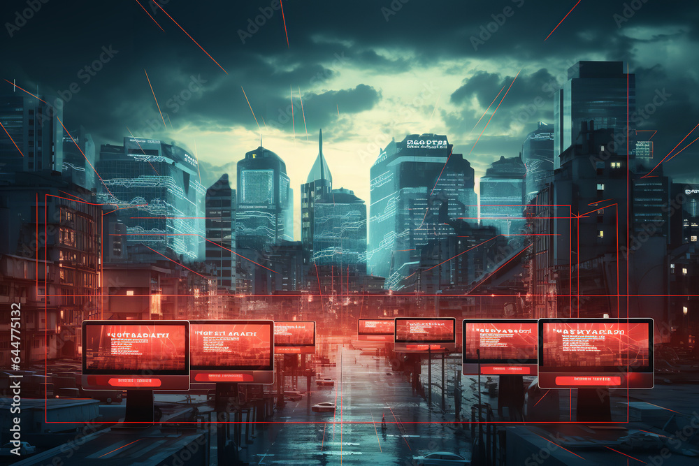 A futuristic city's digital infrastructure displays critical warnings ...