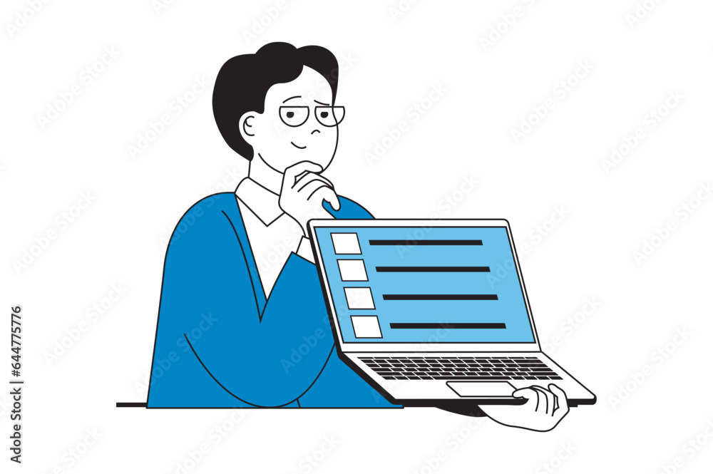 Online survey concept with people scene in flat web design. Man makes ...