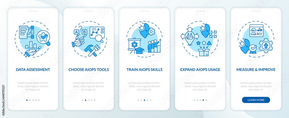 2D icons representing AI ops mobile app screen set. Walkthrough 5 steps ...
