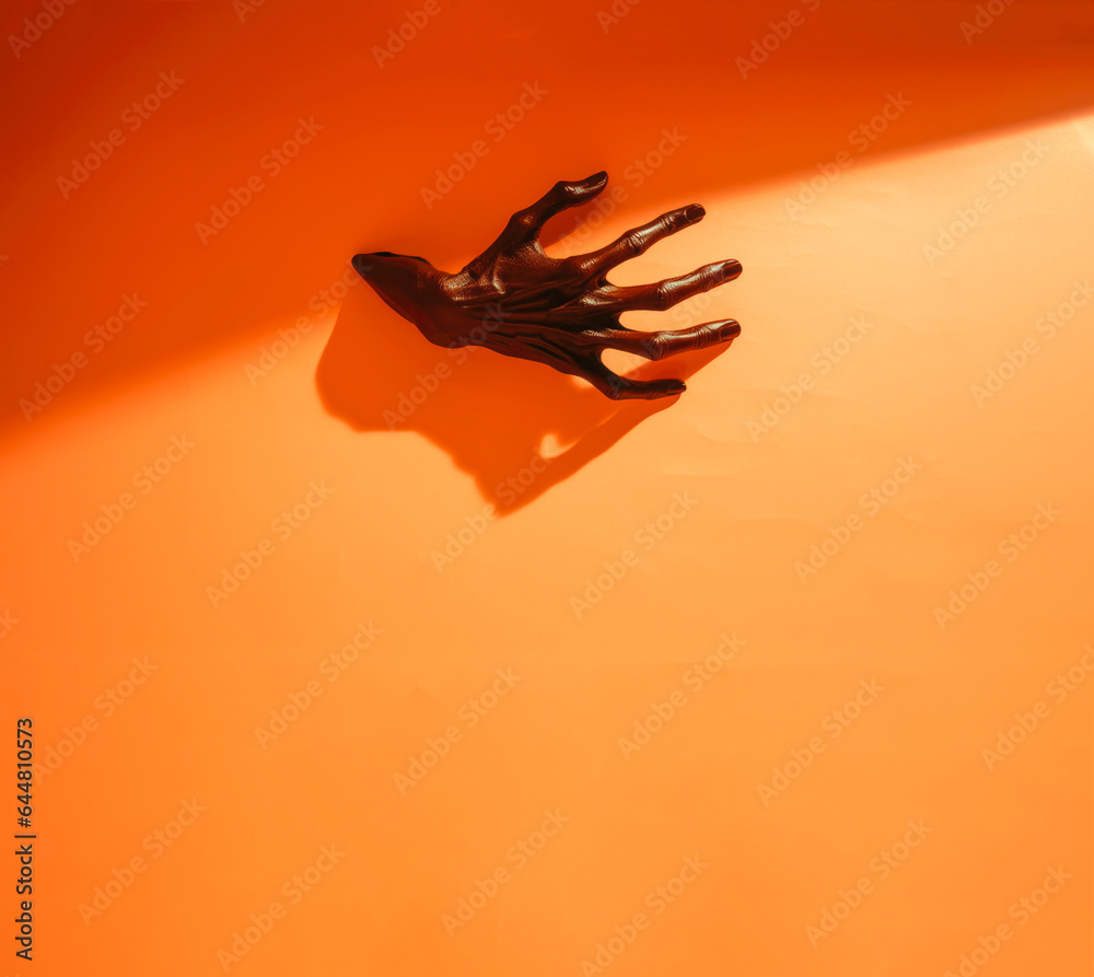 Halloween scary background. Dark monster hand reaching through orange ...
