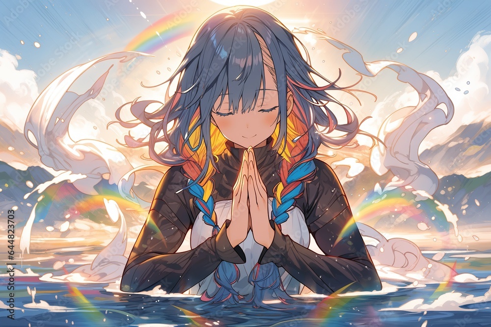 cute nun in prayer, rainbow in background, anime style, illustration ...