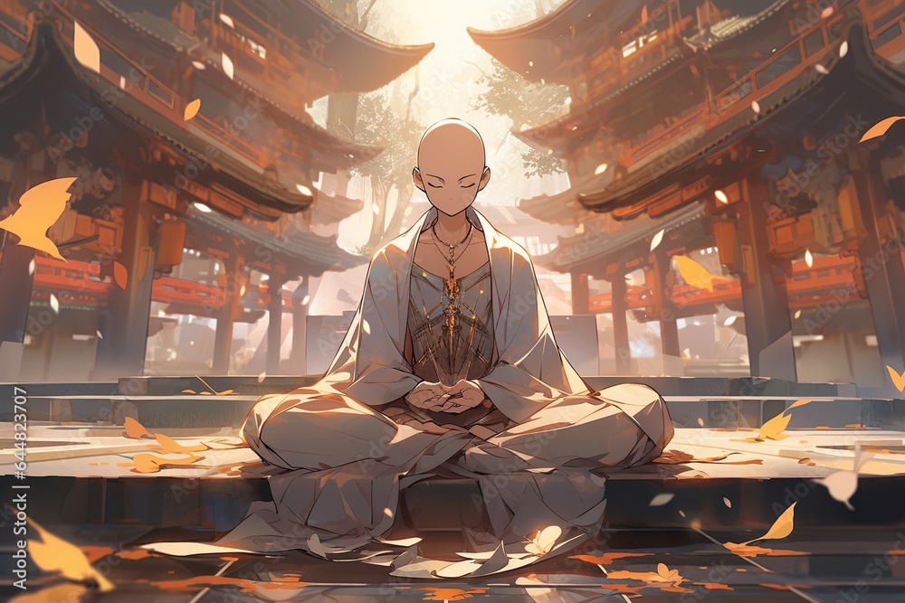 bald monk in meditaion, monastery in background, illustration, anime ...