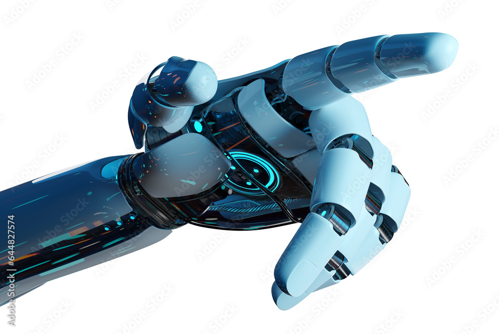 Isolated robot hand pointing finger. 3D rendering white and blue cyborg ...