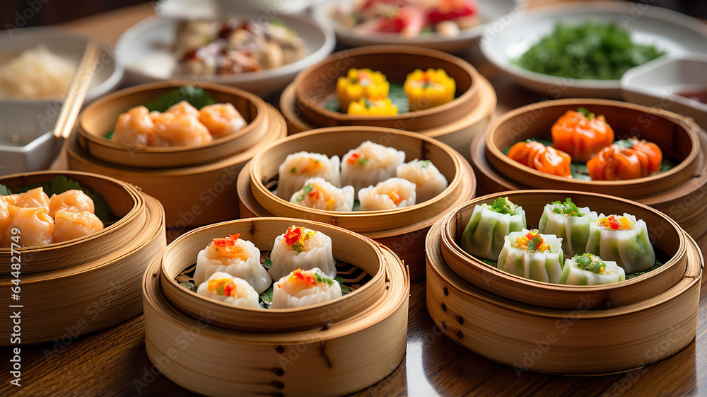 An array of colorful and delicate dim sum dishes, showcasing the ...
