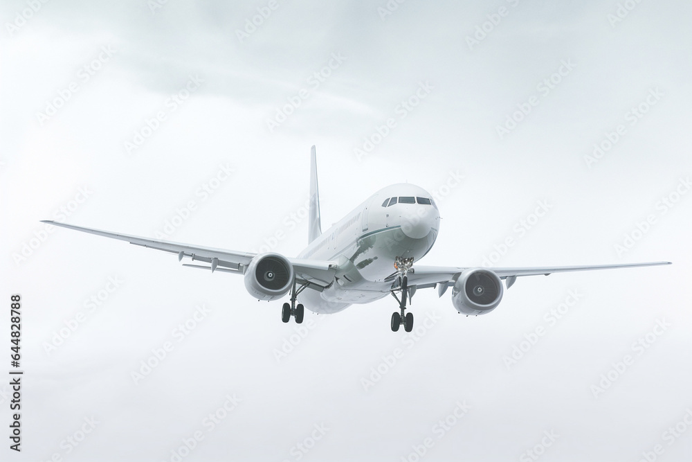 A white aircraft glides through the sky against a spotless white ...
