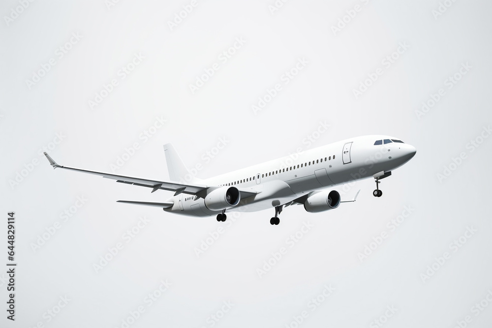 A white aircraft glides through the sky against a spotless white ...
