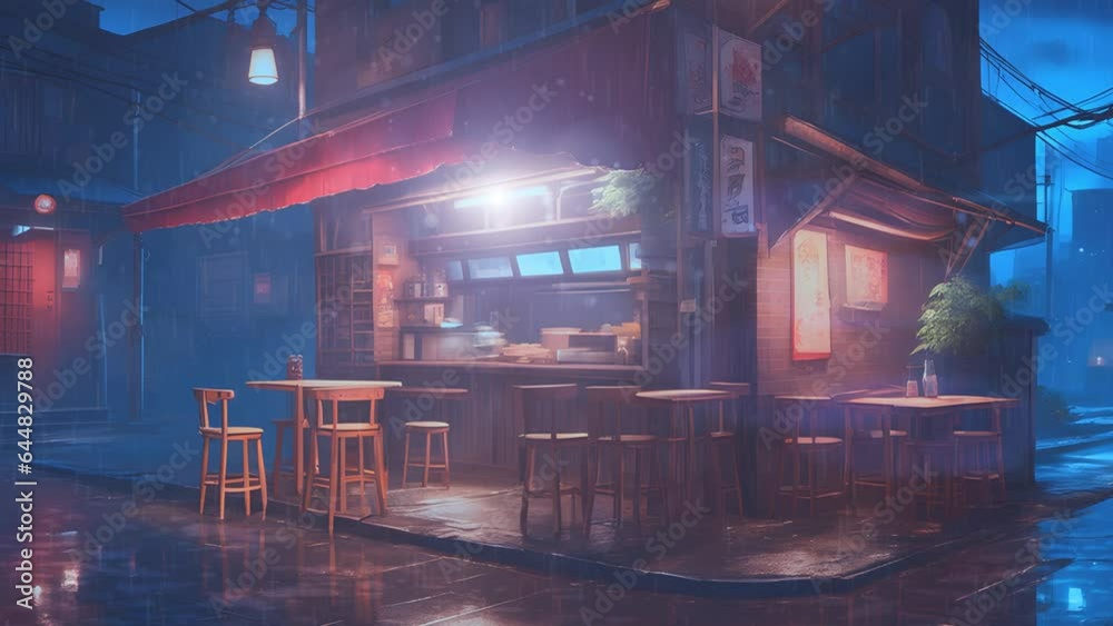 Lofi anime rainy restaurant. Night ramen restaurant animation. Loop ...