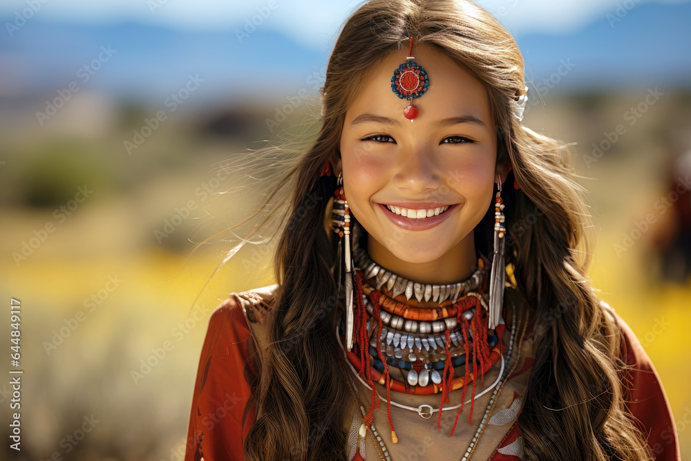Happy native american girl in the countryside, young indigenous navajo ...