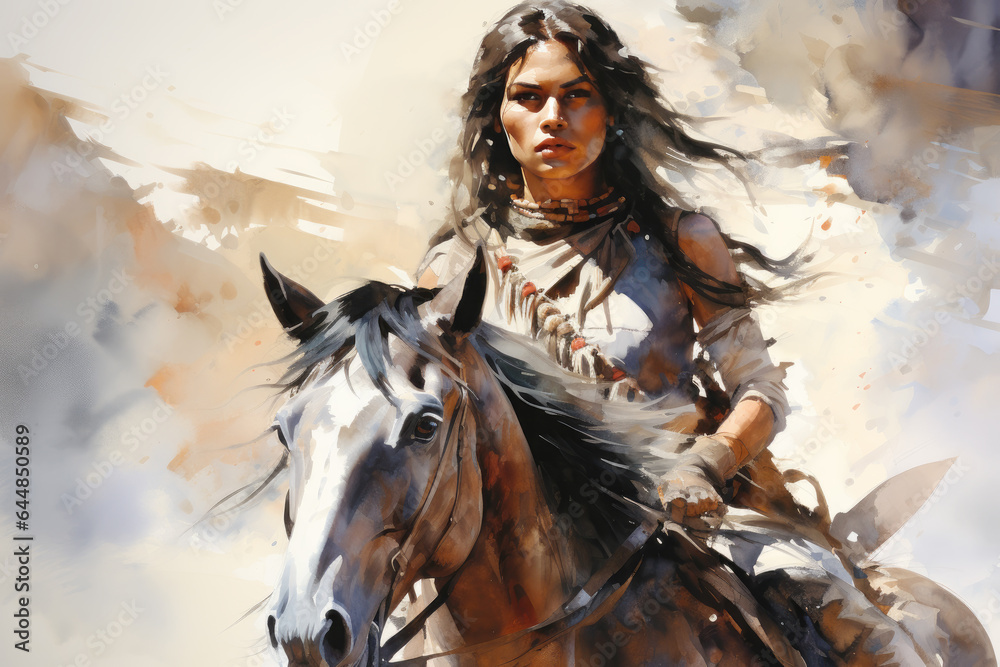 Native american woman riding a horse in wild west in watercolor, young ...