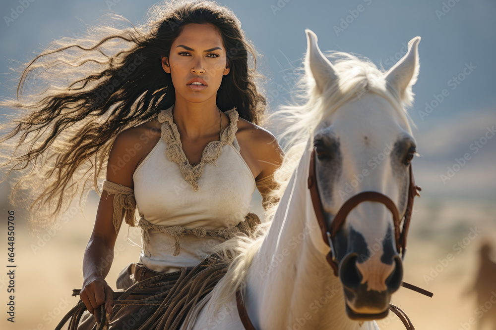 Native american woman riding a horse in the wild west desert, young ...