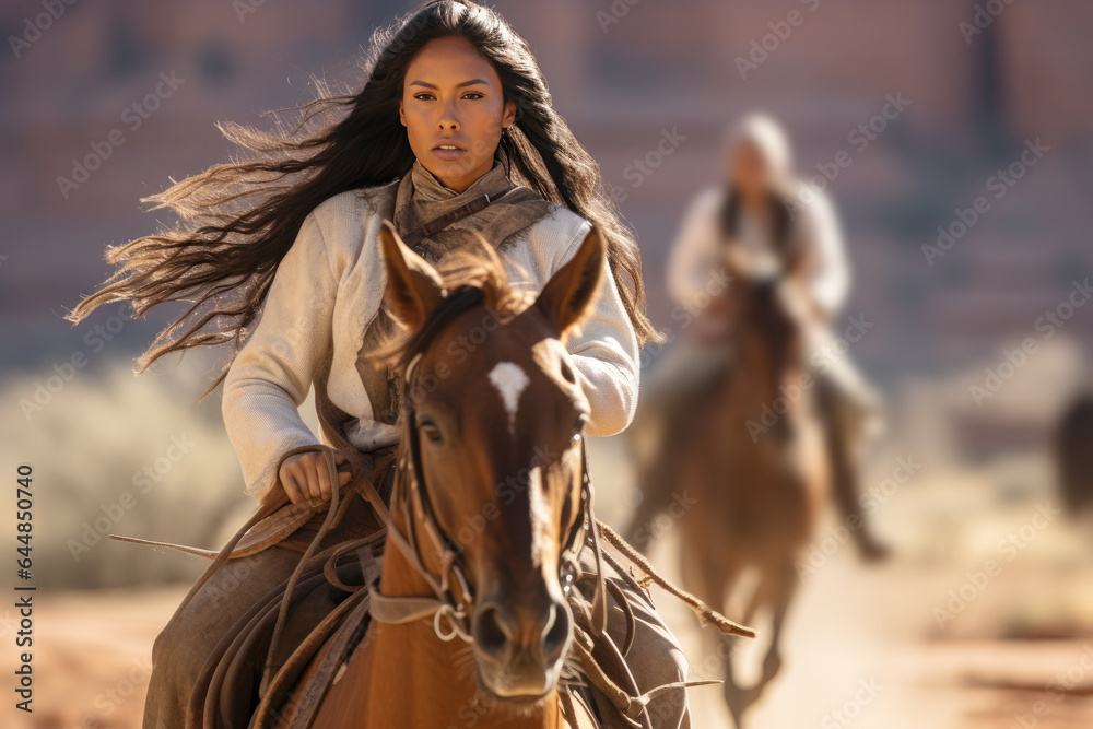 Native american woman riding a horse in the wild west desert, young ...