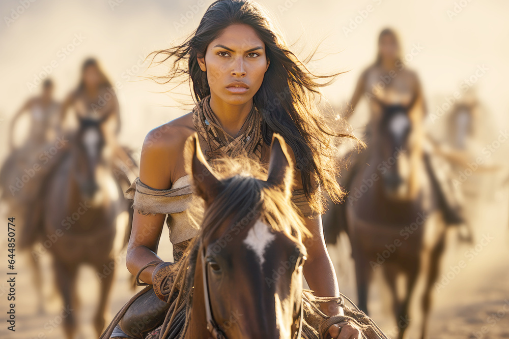 Native american woman riding a horse in the wild west desert, young ...