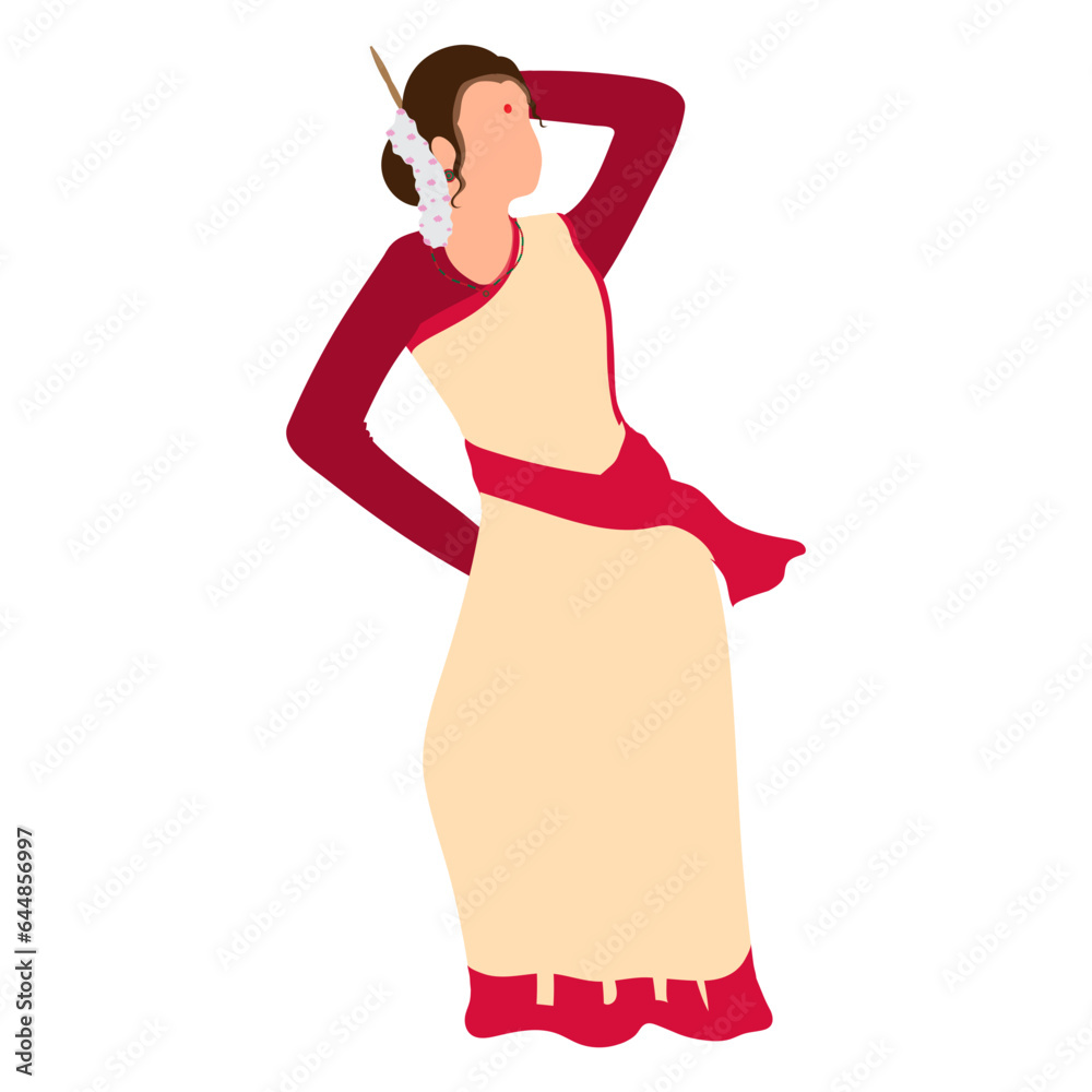 Cartoon Assamese Beautiful Woman Dancing In Bihu Dance Pose. Stock ...
