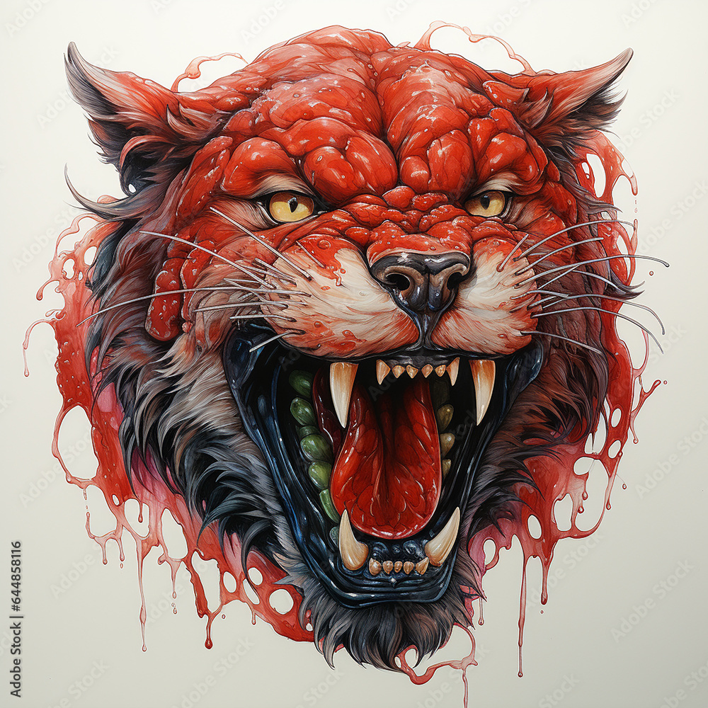 Scary head of an evil panther with a bared mouth with large fangs ...