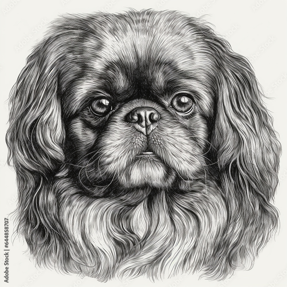 Pekingese, engraving style, close-up portrait, black and white drawing ...