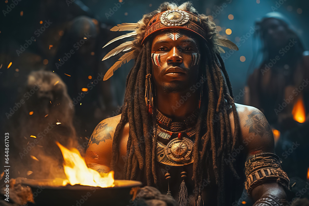 Portrait of the leader of an African tribe sitting by the fire. Stock ...
