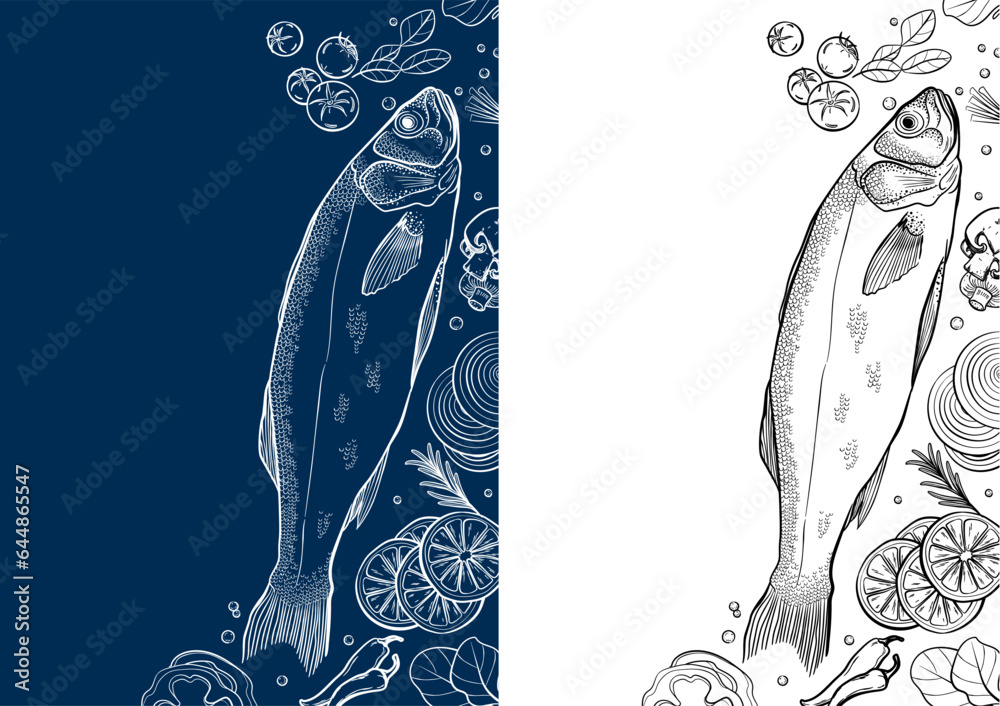 healthy food and fish. hand-drawn vector illustration. drawing in black ...