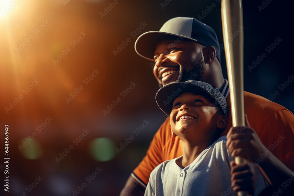 Black Father and son playing baseball at the stadium, father teaches ...