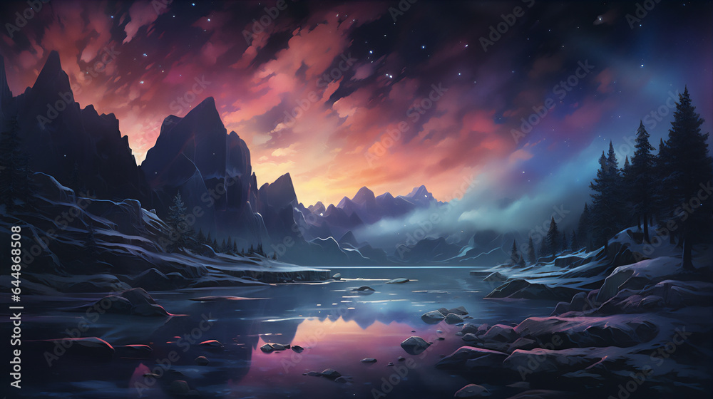 a scenic view from in north pole at the night, sky with aurora, polar ...