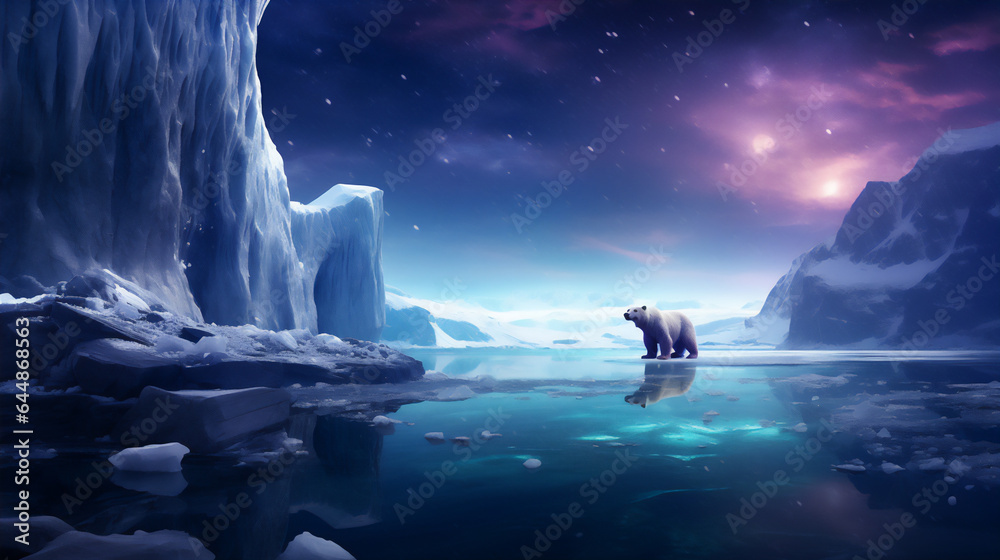 a scenic view from in north pole at the night, sky with aurora, polar ...