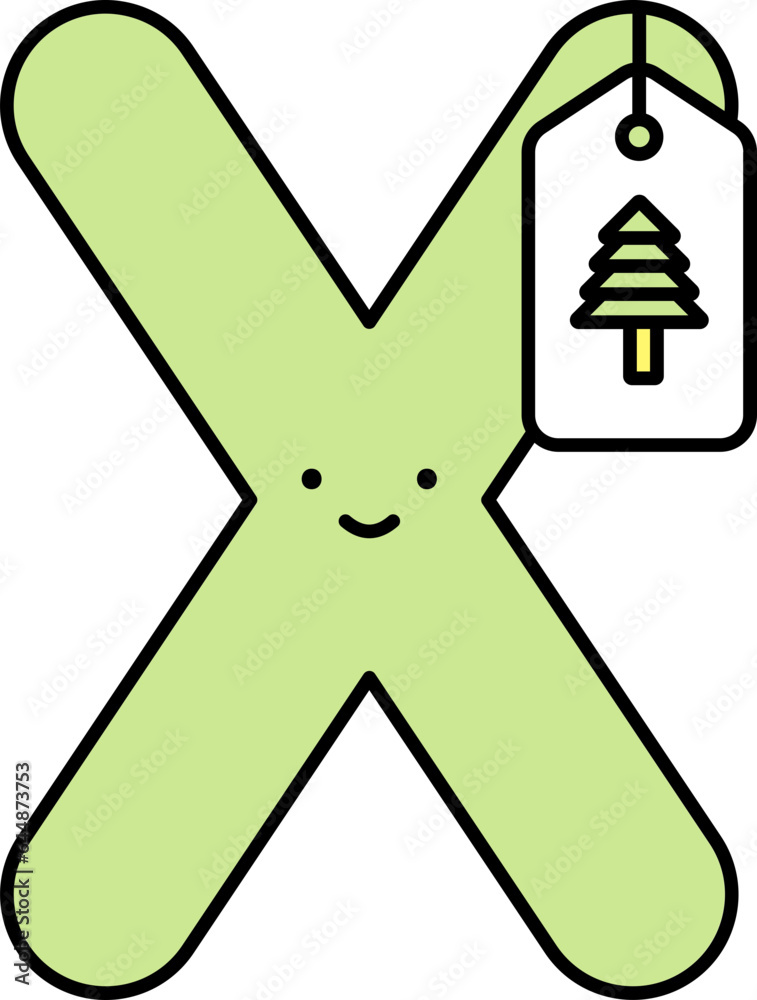 Cartoon X Alphabet With Xmas Tree Tag Words Icon In Green Color. Stock ...