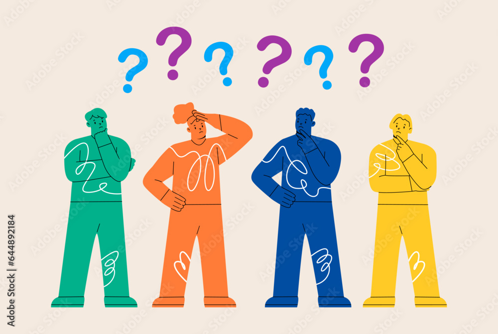 Man and woman with many of confused question marks. complicated ...