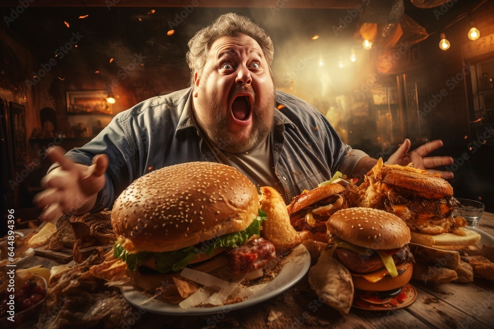 An overweight man indulging in a massive burger, highlighting the issue ...