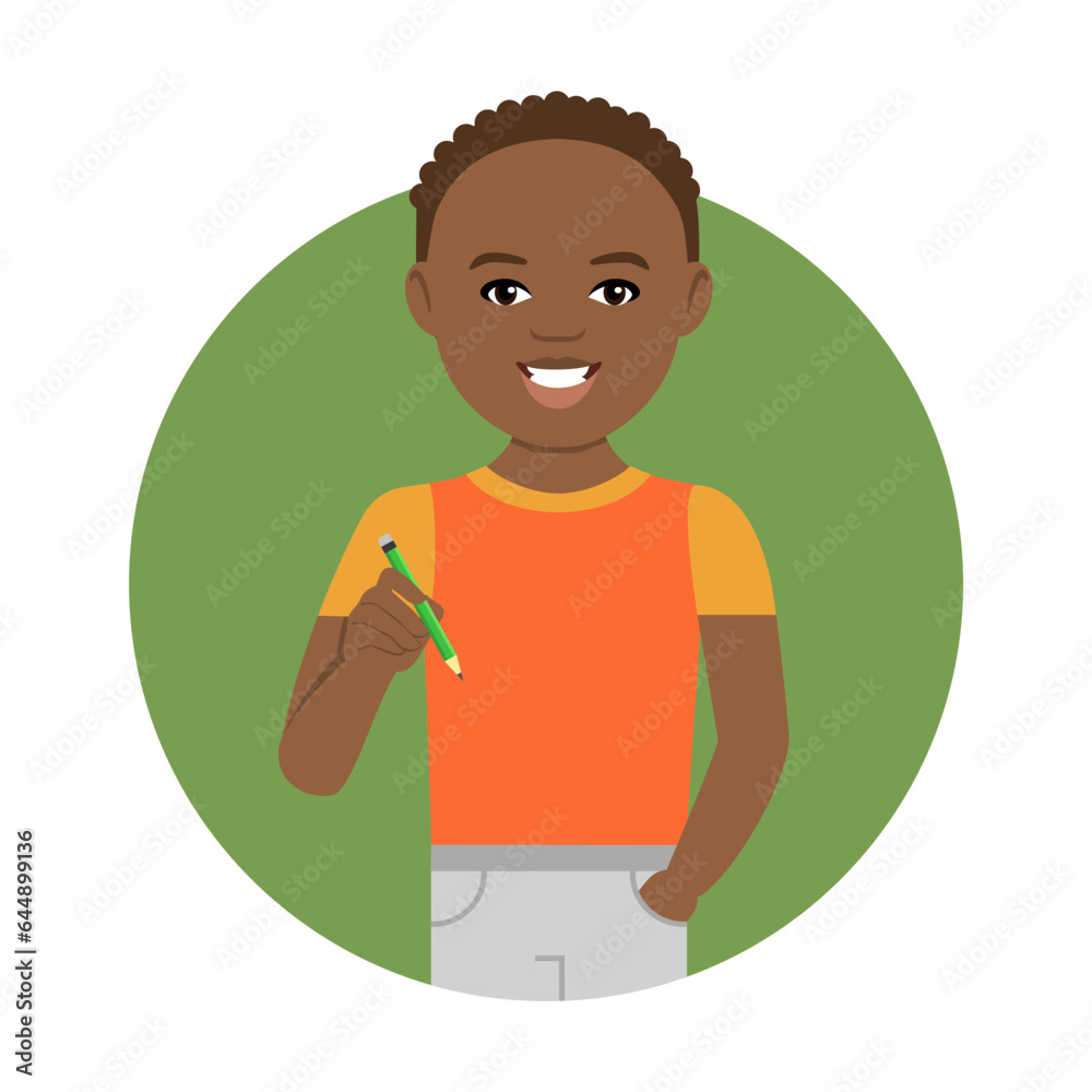 Dark skinned African boy holding pencil flat vector circle icon. Young ...