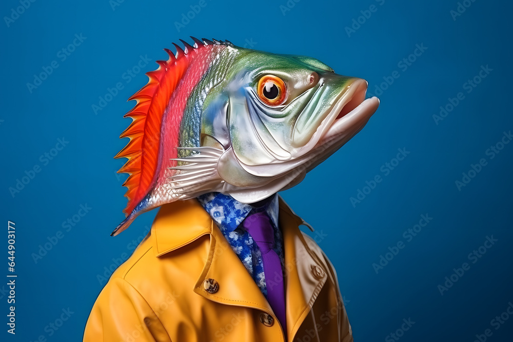Portrait of a fish wearing a raincoat and an umbrella in studio ...