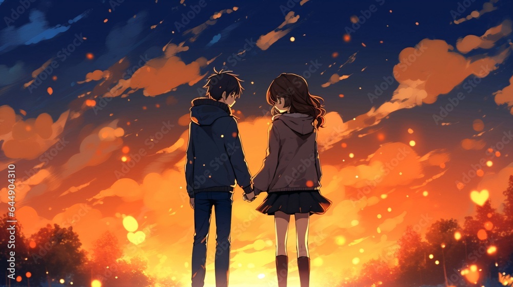 Anime Couple by the Bonfire of Love and Affection in Asia. Stock ...