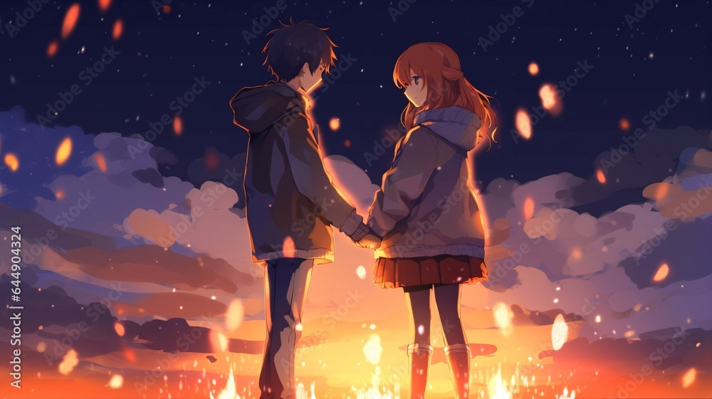 Anime Couple by the Bonfire of Love and Affection in Asia. Stock ...