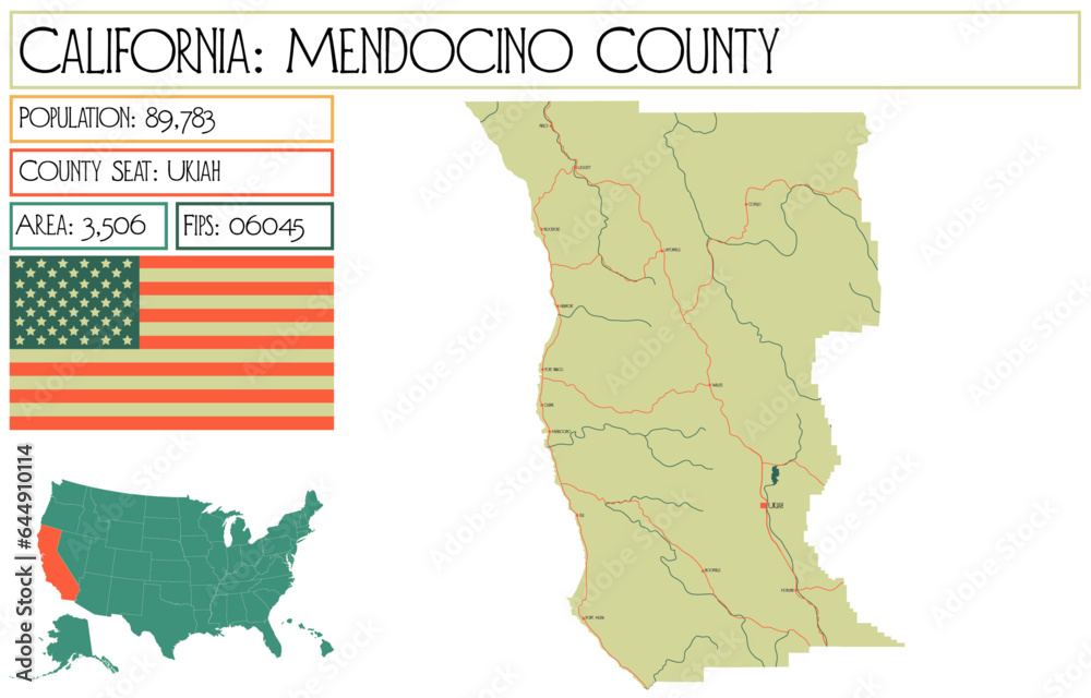 Large and detailed map of Mendocino County in California, USA. Stock ...