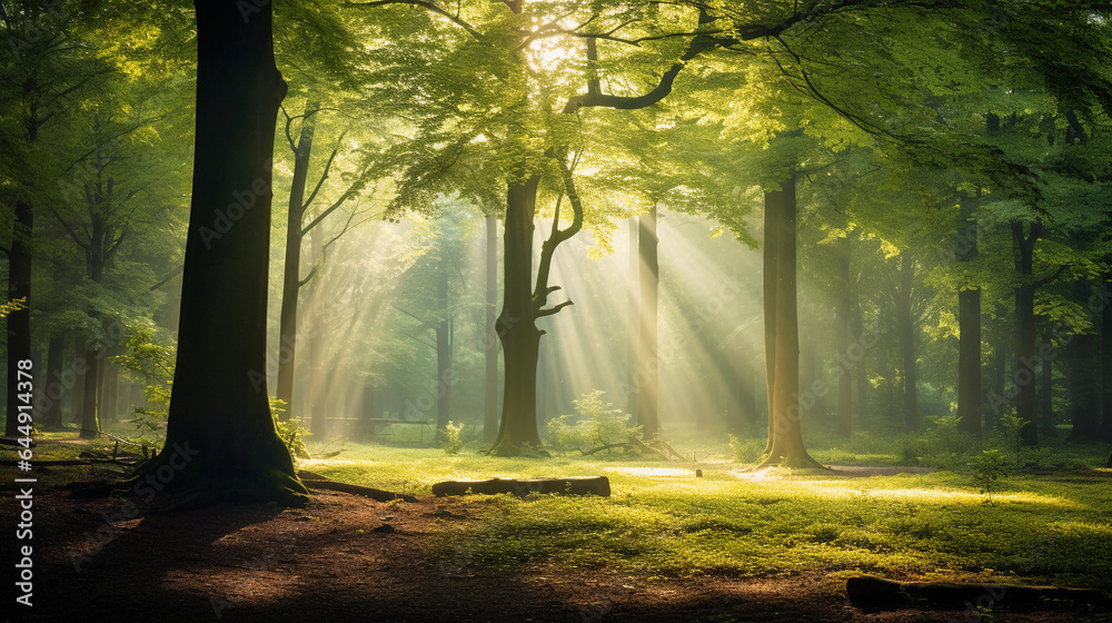 a captivating photo of a serene forest glade, with rays of golden ...