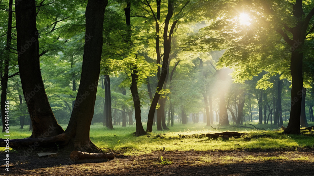a captivating photo of a serene forest glade, with rays of golden sunlight filtering through the ...