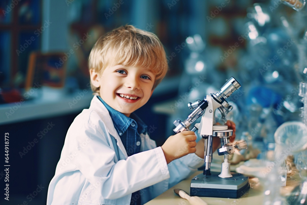 Portrait of a young little boy scientist with a microscope. Learning ...