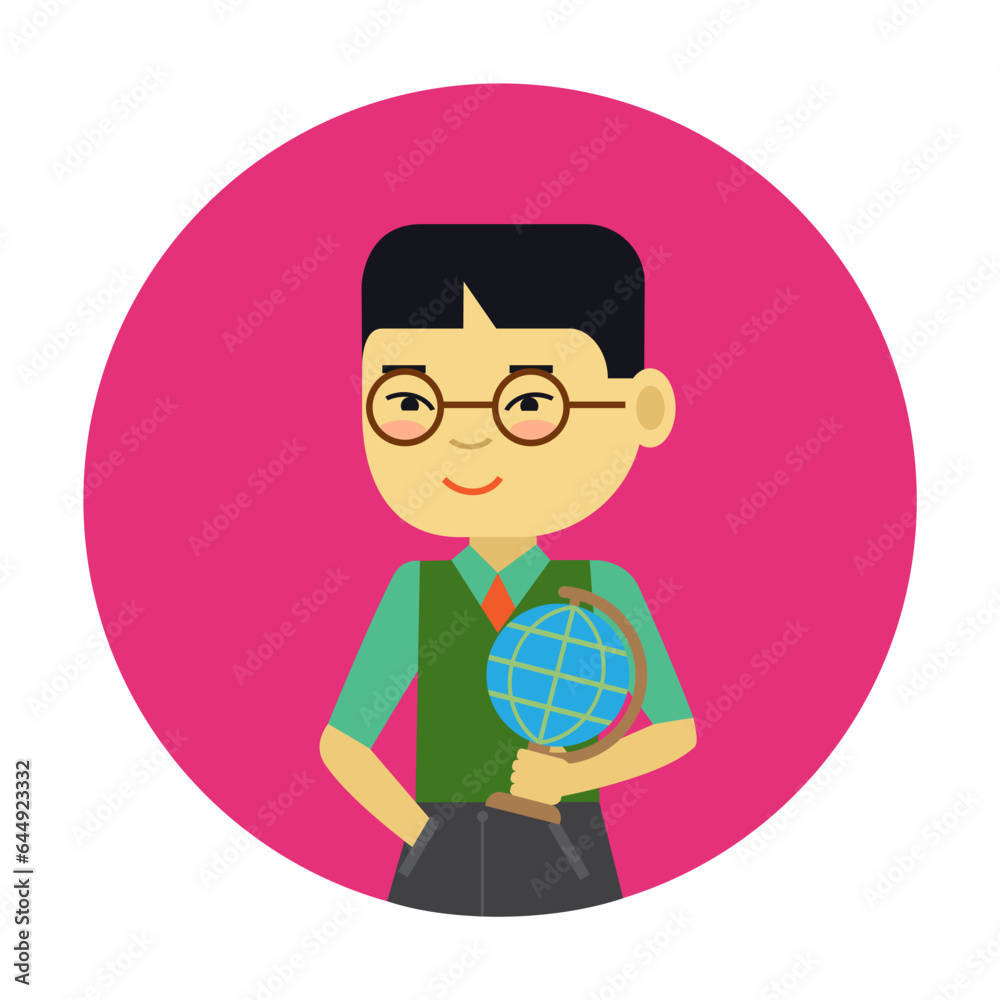 Asian student holding school globe flat vector circle icon. Smart boy ...