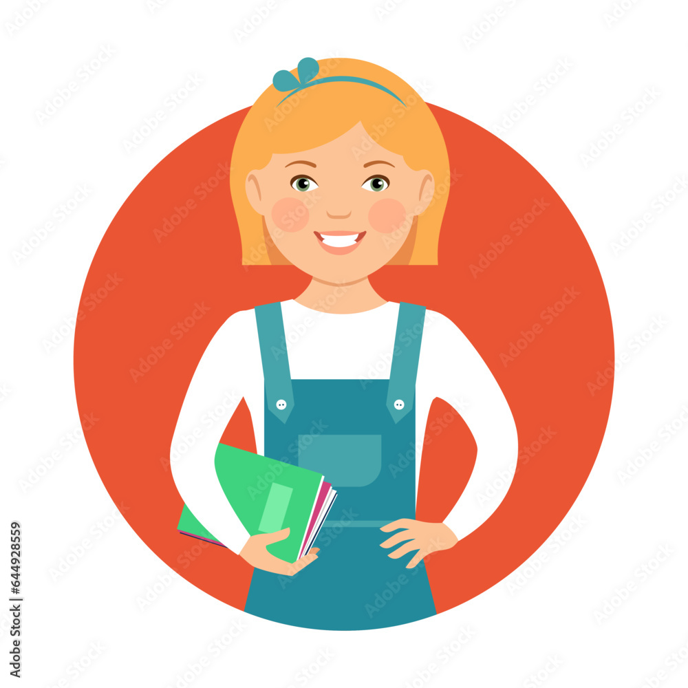 Girl in denim dress vector.Little girl in white blouse and with ...