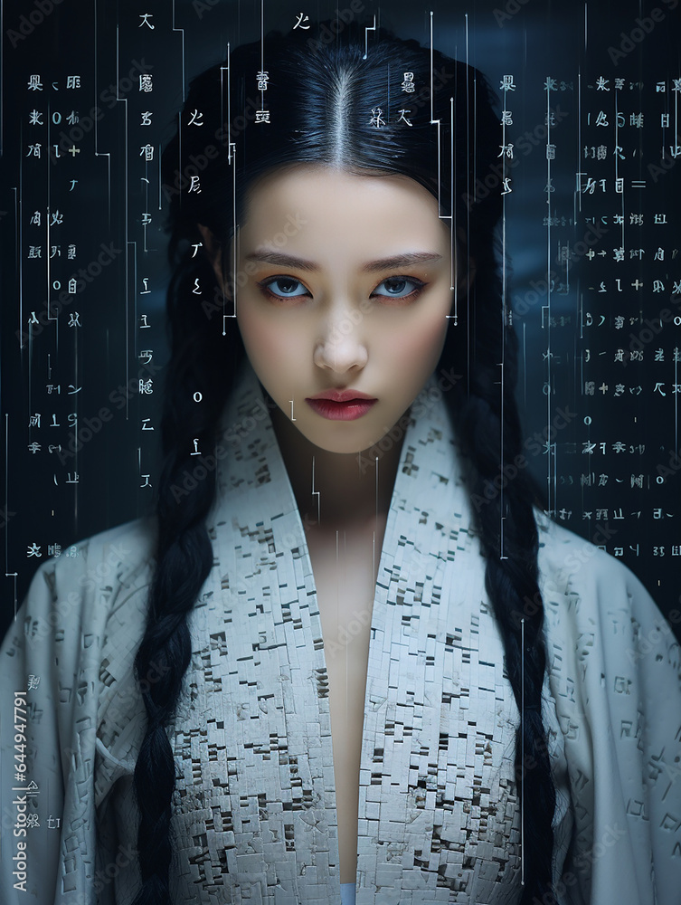 Futuristic Female Asian Coder Hacker Data Computer Time Traveler Virtual Ai Robot Cyberpunk