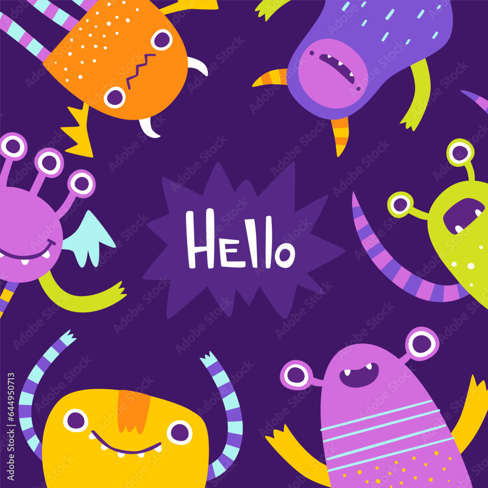 Cute monster frame border template for kids. Cartoon vector banner with ...