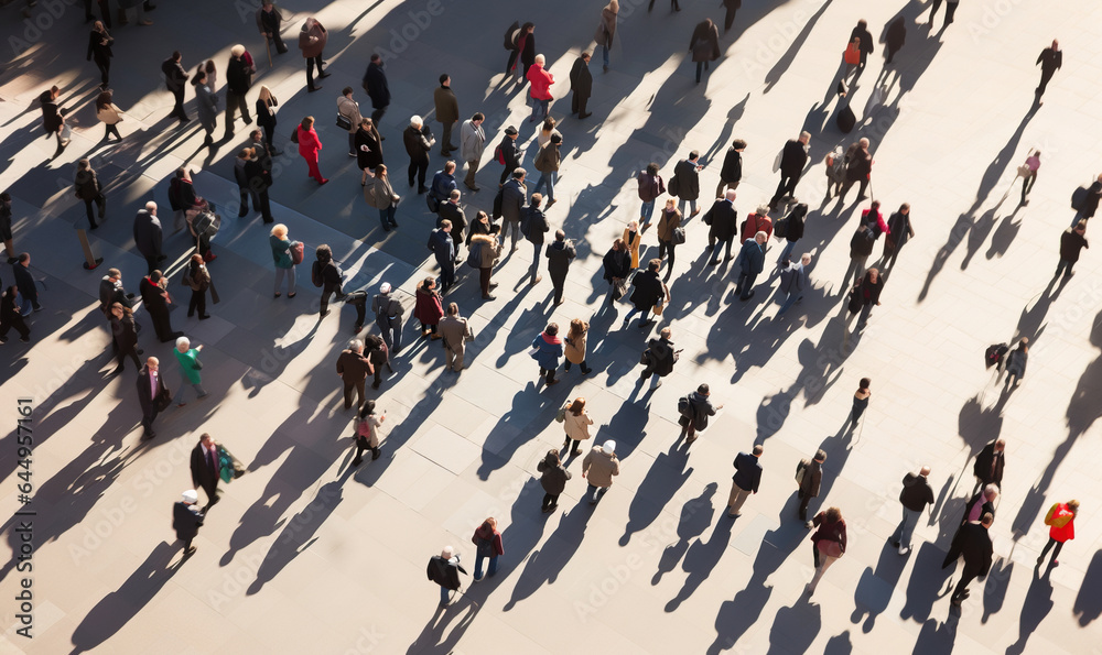 From highly above large crowd of people walking in sunny city square ...