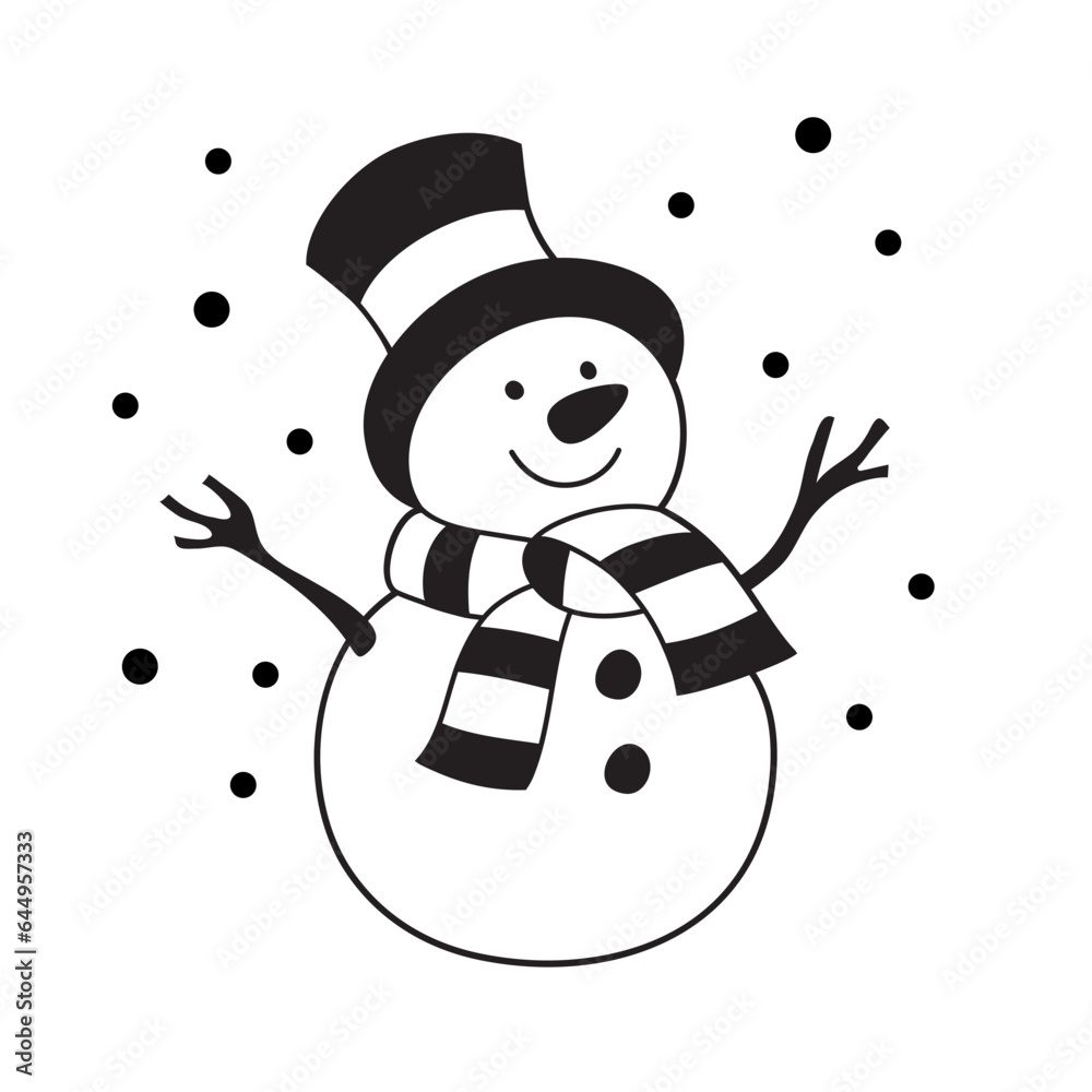 Vector black and white illustration. Cute white snowman cut out on ...
