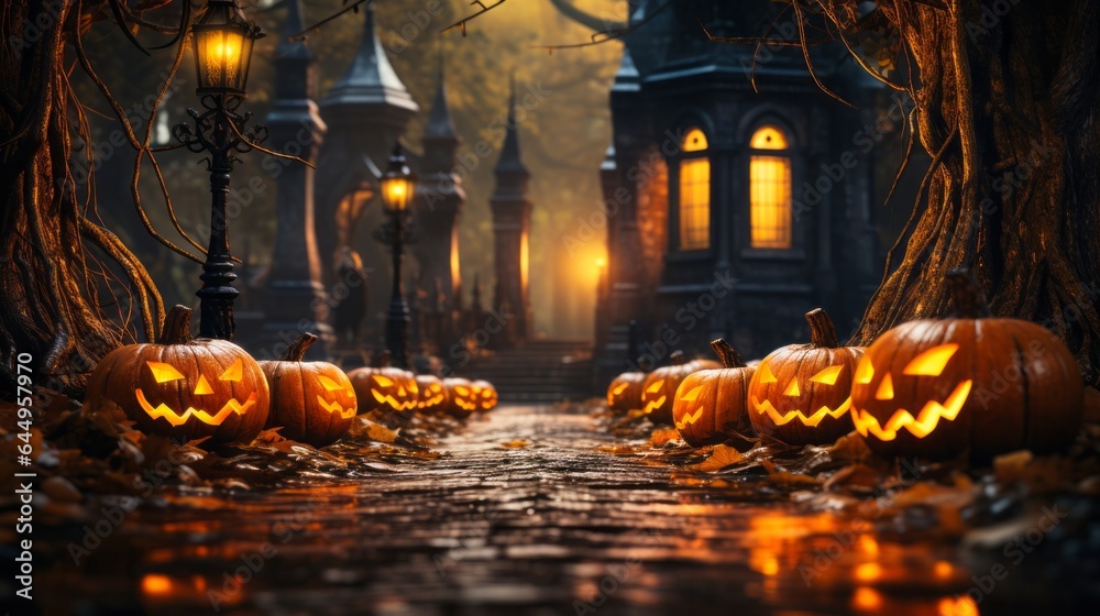 A haunted pathway meanders through a dark area, lit by eerie Jack-o ...