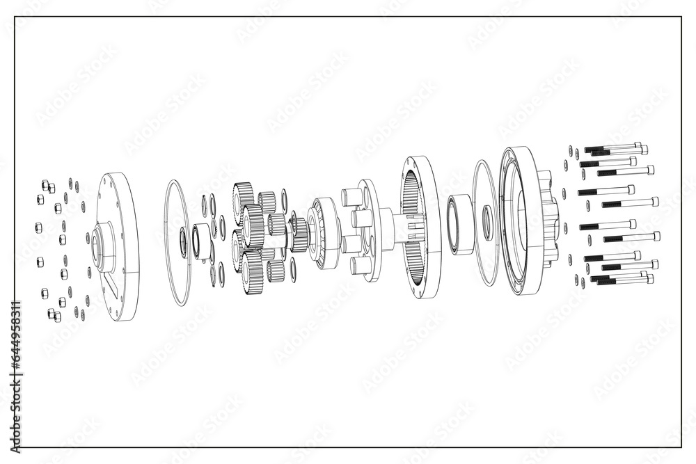 3D design of a planetary gear with exploded view. Stock Illustration ...