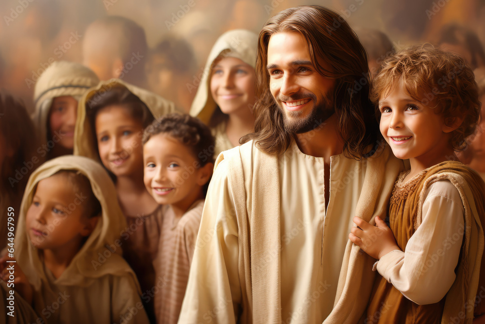 Jesus christ and happy children Stock Illustration | Adobe Stock