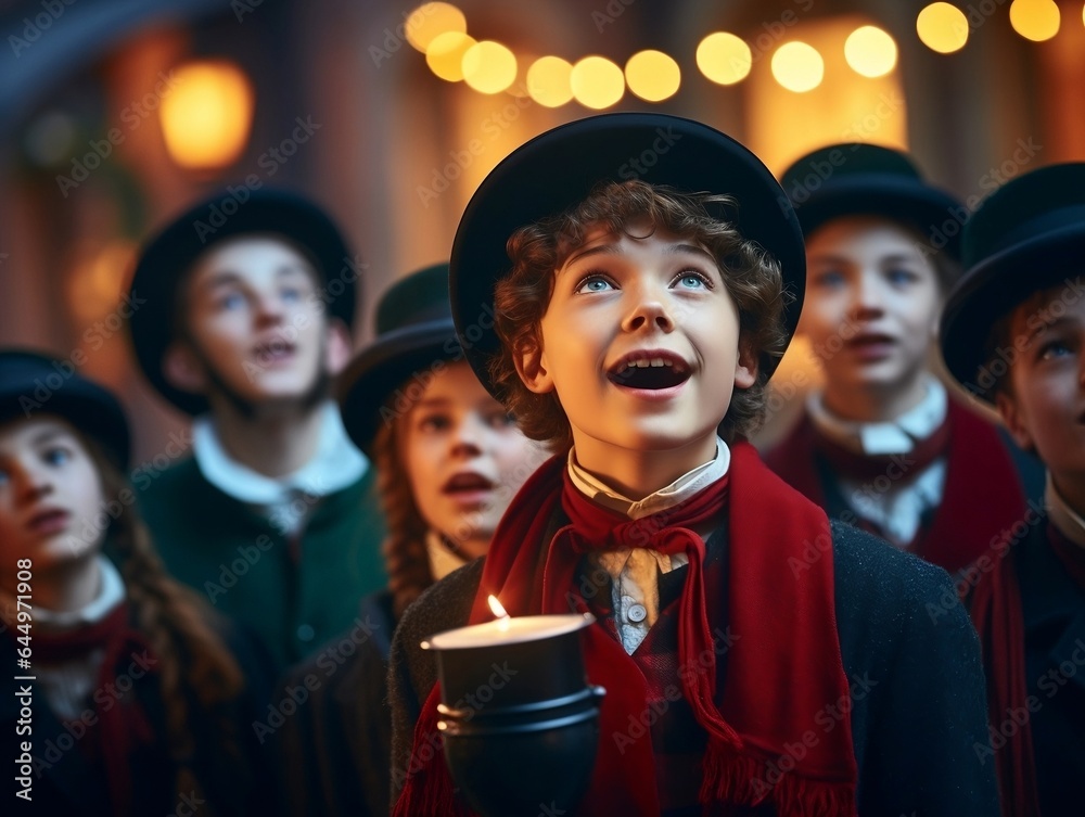 Teenagers Carolers singing traditional songs under vintage street lamps ...