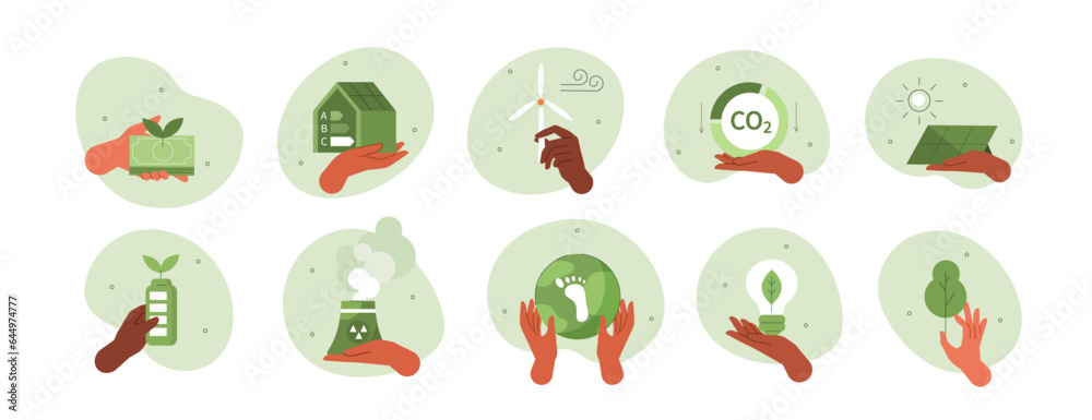 Climate change illustration set. Characters hands holding planet earth ...