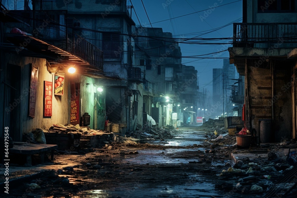 night street slum, deteriorated homes, aging structures with lit ...