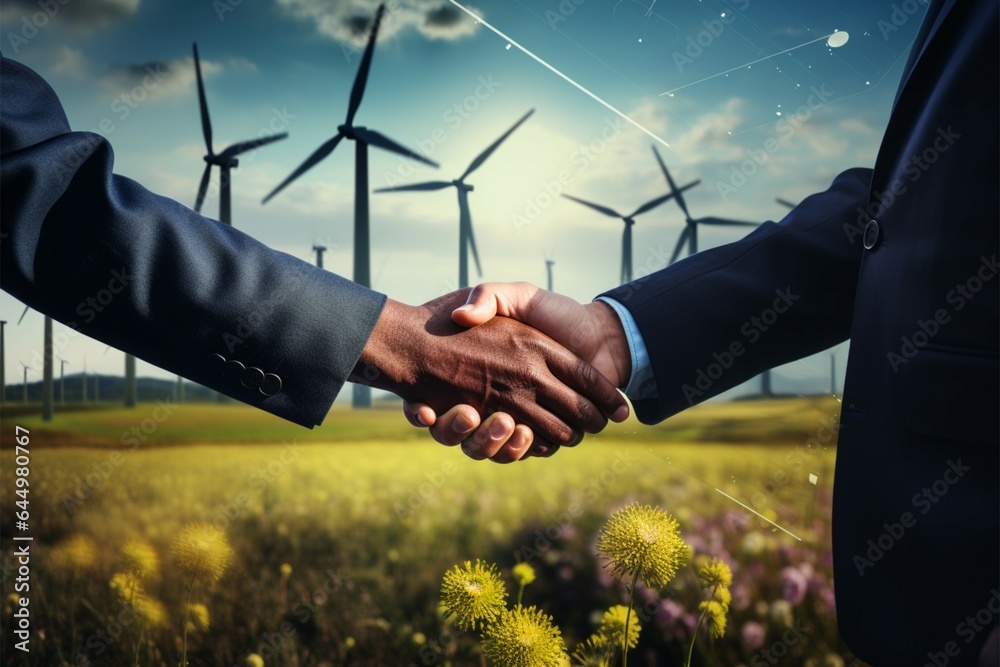 Greeting amidst renewable energy, two people shake hands with turbines ...
